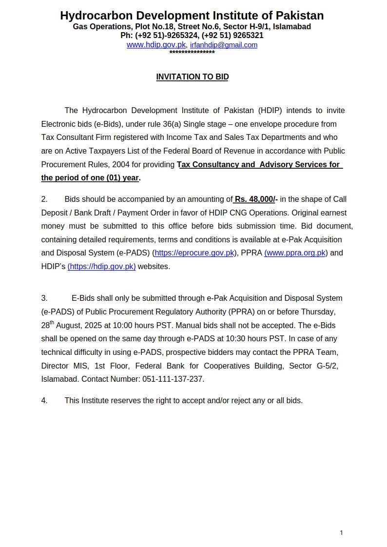 Tender Notices :. Hydrocarbon Development Institute of Pakistan